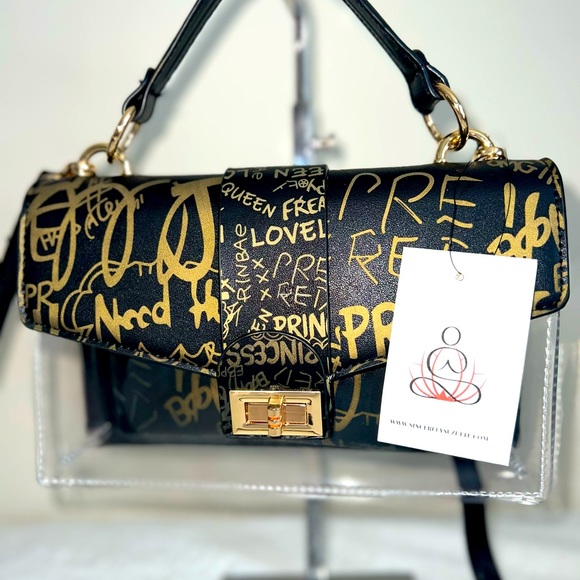 Bags | New Black Gold Clear Graffiti Handbag With Insert | Poshmark